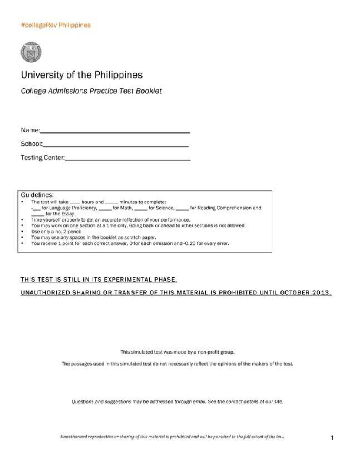 UPCAT Practice Test Booklet: Guidelines and Sample Questions - Studocu