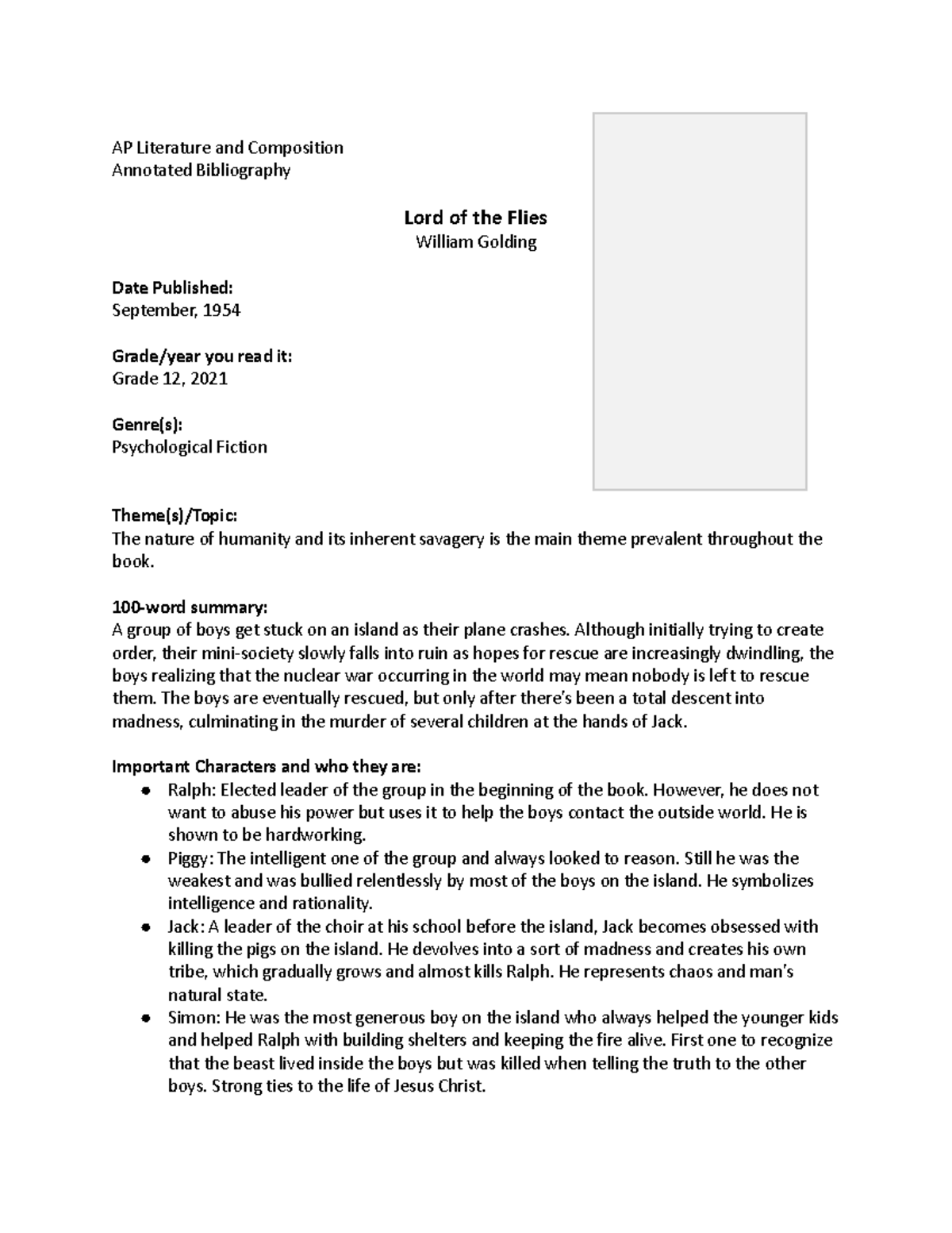 AP Literature: Annotated Bibliography for 'Lord of the Flies' (LOTF ...