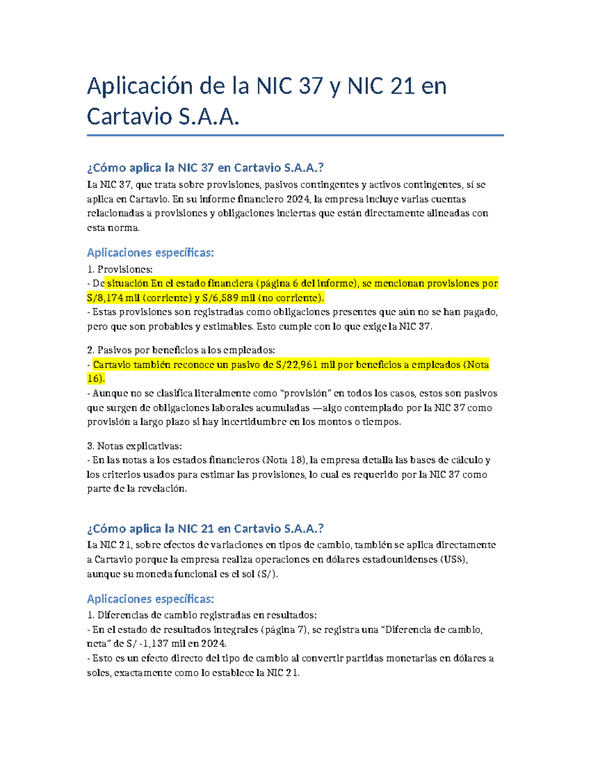 Aplicación de NIC 37 y NIC 21 en Cartavio S.A.A. - Tareas 2024 - Studocu