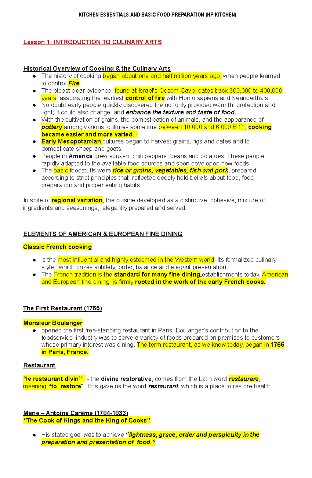 Lesson 1 Introduction TO Culinary ARTS - KITCHEN ESSENTIALS AND BASIC ...