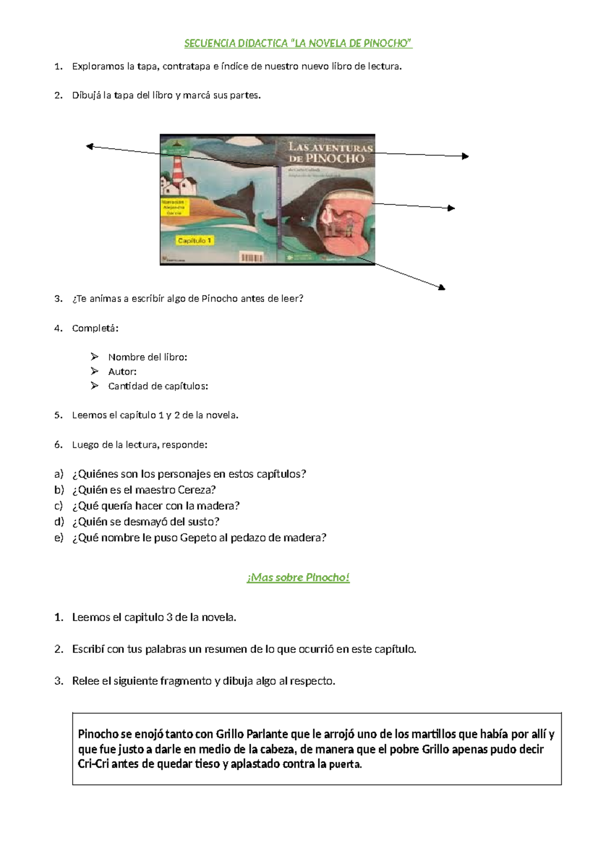 Secuencia Didáctica: La Novela de Pinocho - Actividades y Lectura - Studocu