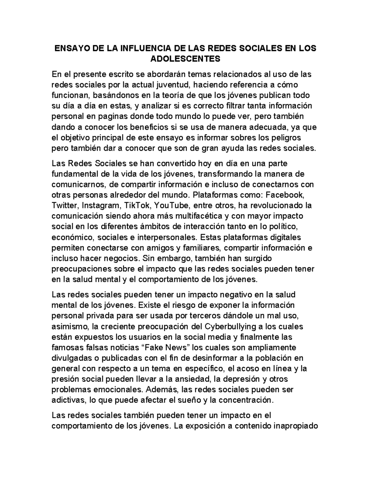 Ensayo sobre la Influencia de las Redes Sociales en Adolescentes - Studocu