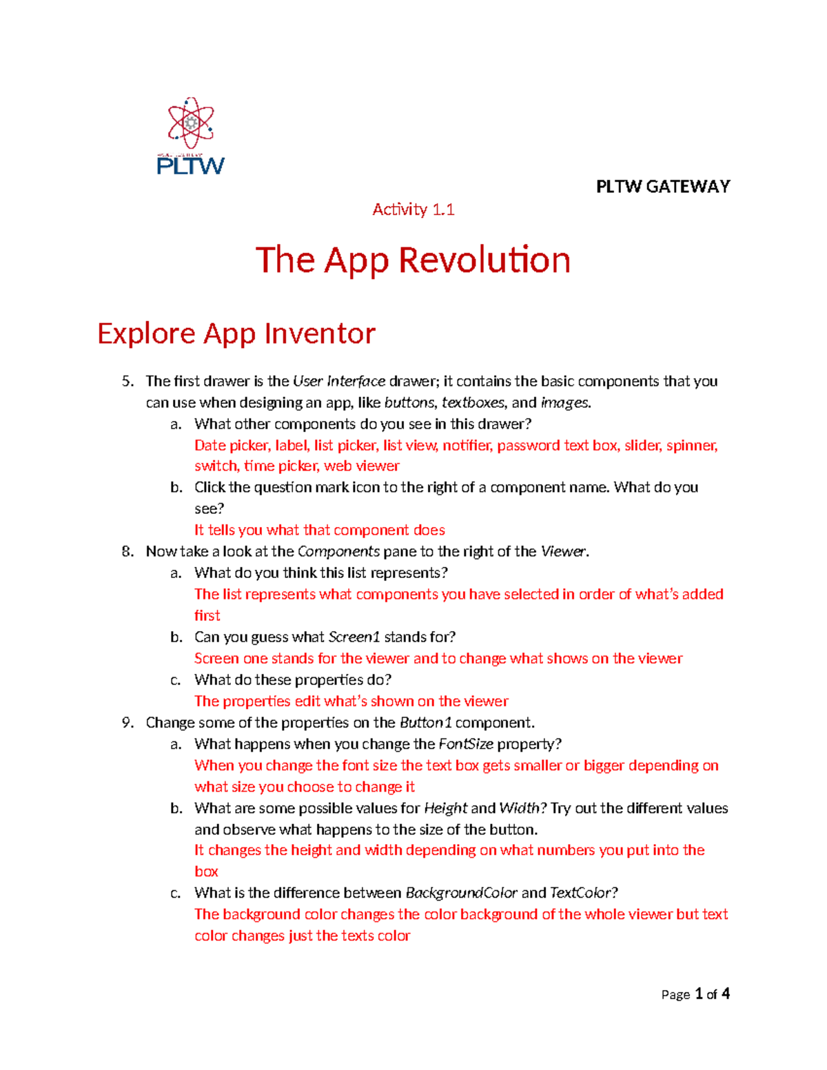 A1 - A1 coding assignment/notes - PLTW GATEWAY Activity 1. The App ...