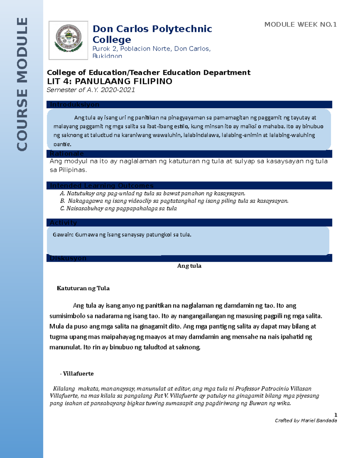 LIT 4: PANULAANG FILIPINO - Lecture Notes on Modules 1-2 - Studocu
