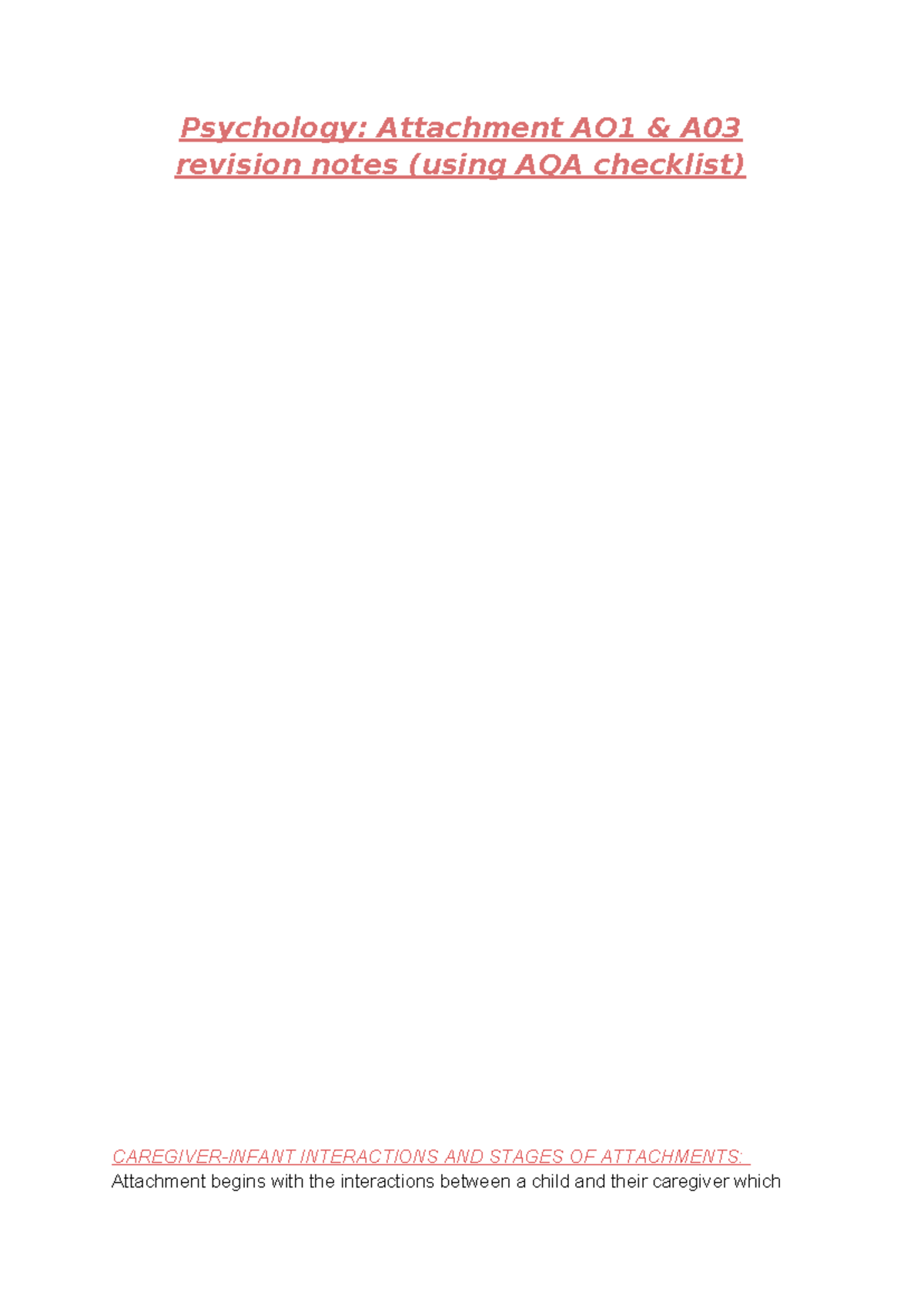 Psychology Attachment Revision Notes (AQA Checklist) - Studocu