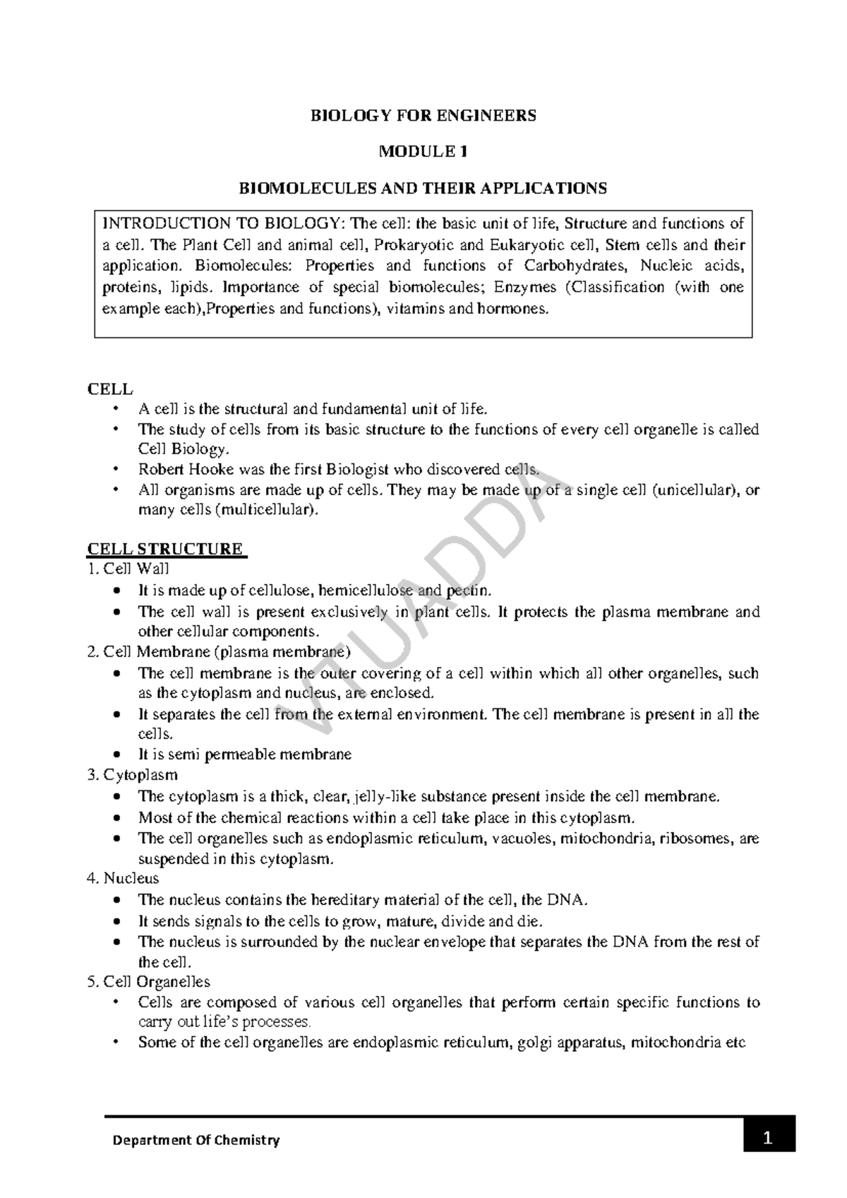 BIOLOGY FOR ENGINEERS: MODULE 1 - BIOMOLECULES & CELL STRUCTURE - Studocu