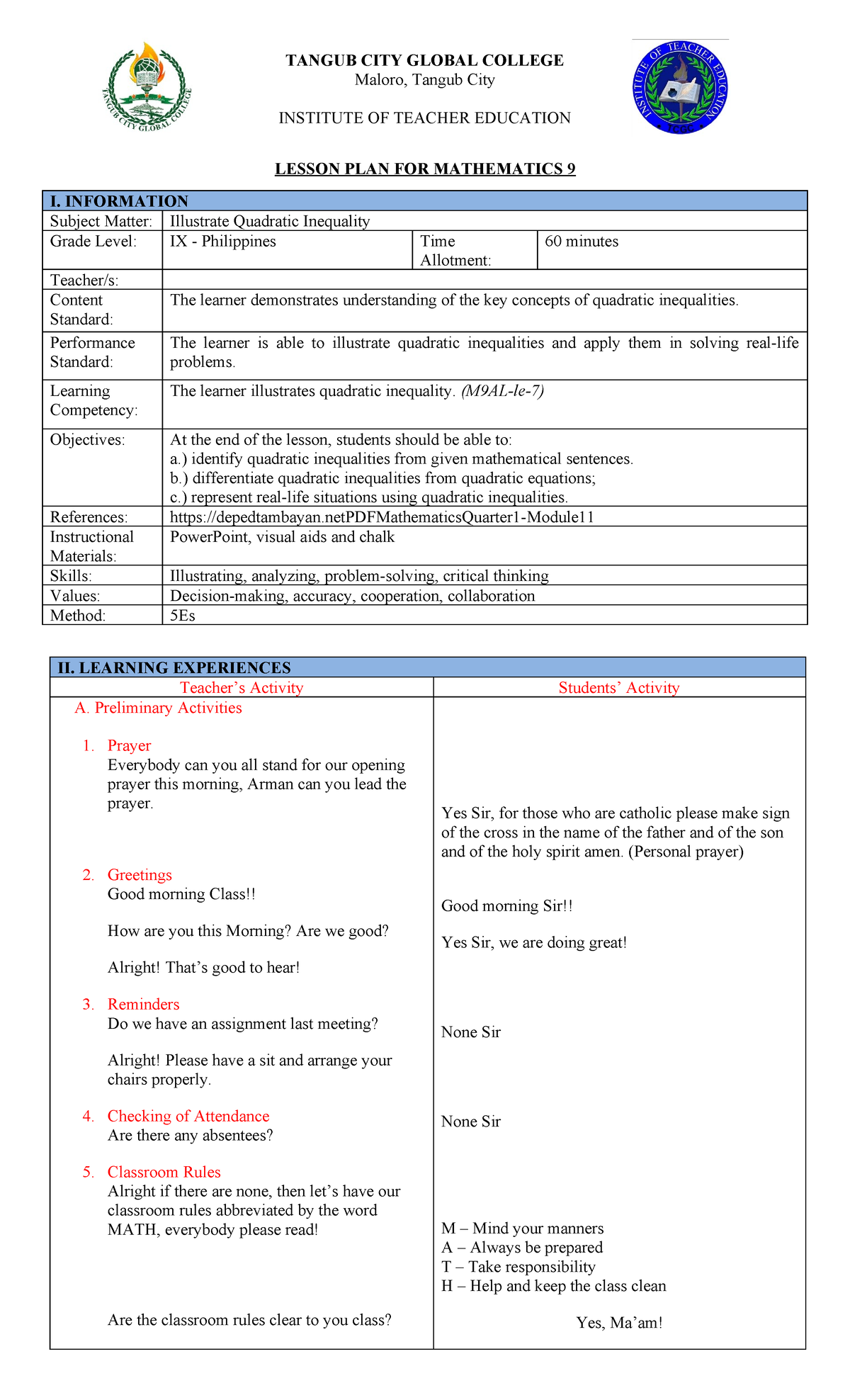LP - Detailed Lesson Plan for Mathematics 9: Quadratic Inequalities - Studocu