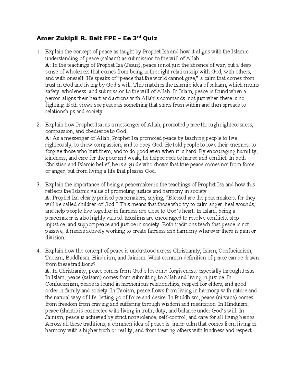 FPE 3rd Quiz: Understanding Peace in Christianity and Islam - Studocu
