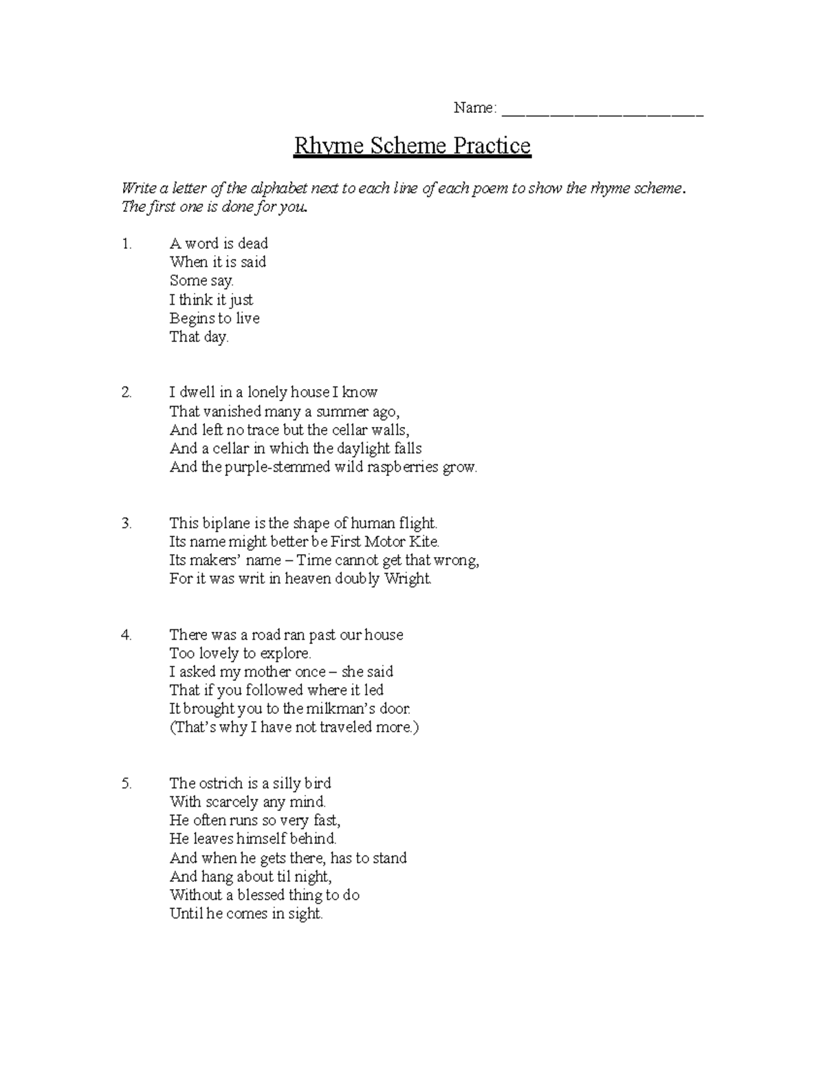 Poetry Rhyme Scheme Practice Worksheet - Studocu