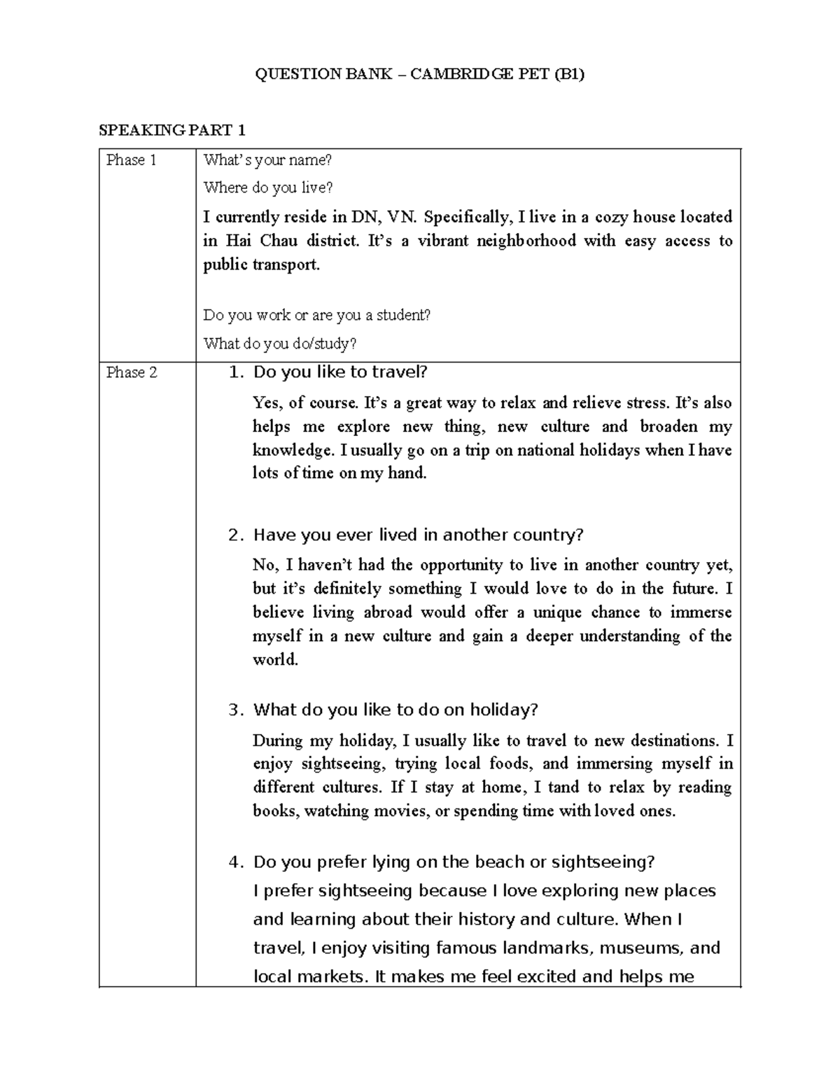 Question Bank - Cambridge PET (B1) Speaking Practice Guide - Studocu