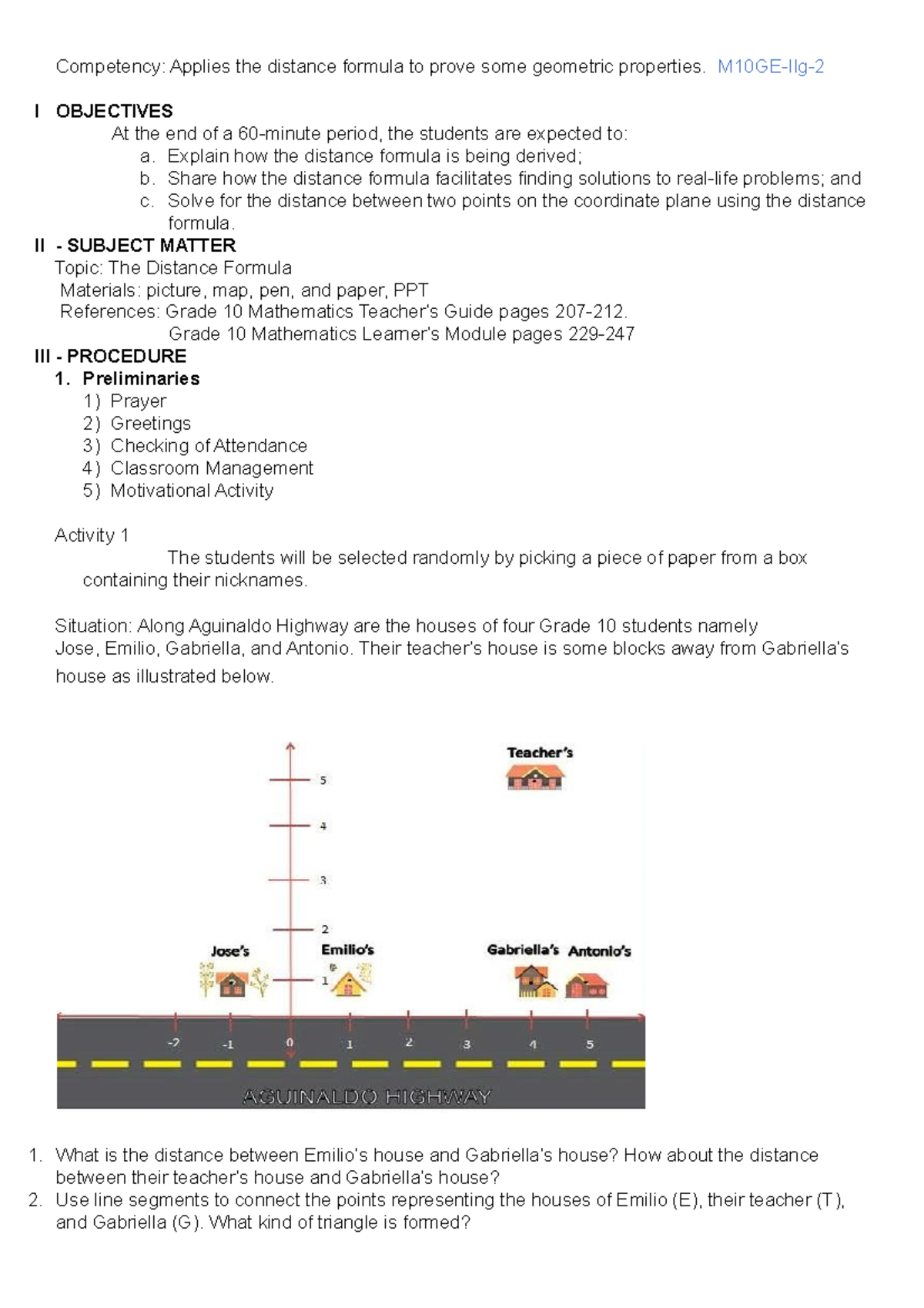 MATH10 LP - Lesson Plan on Distance Formula for Demo Class - Studocu