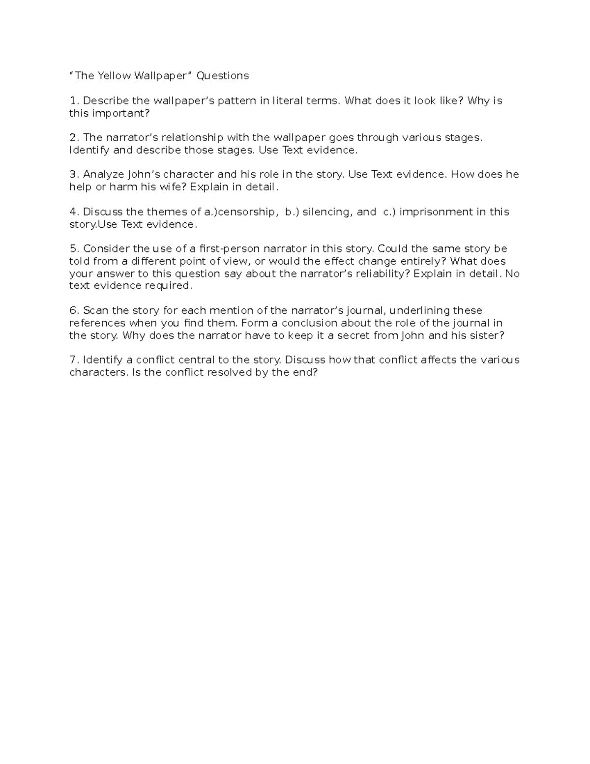 Literary Analysis Questions for "The Yellow Wallpaper" (ENG 101) - Studocu