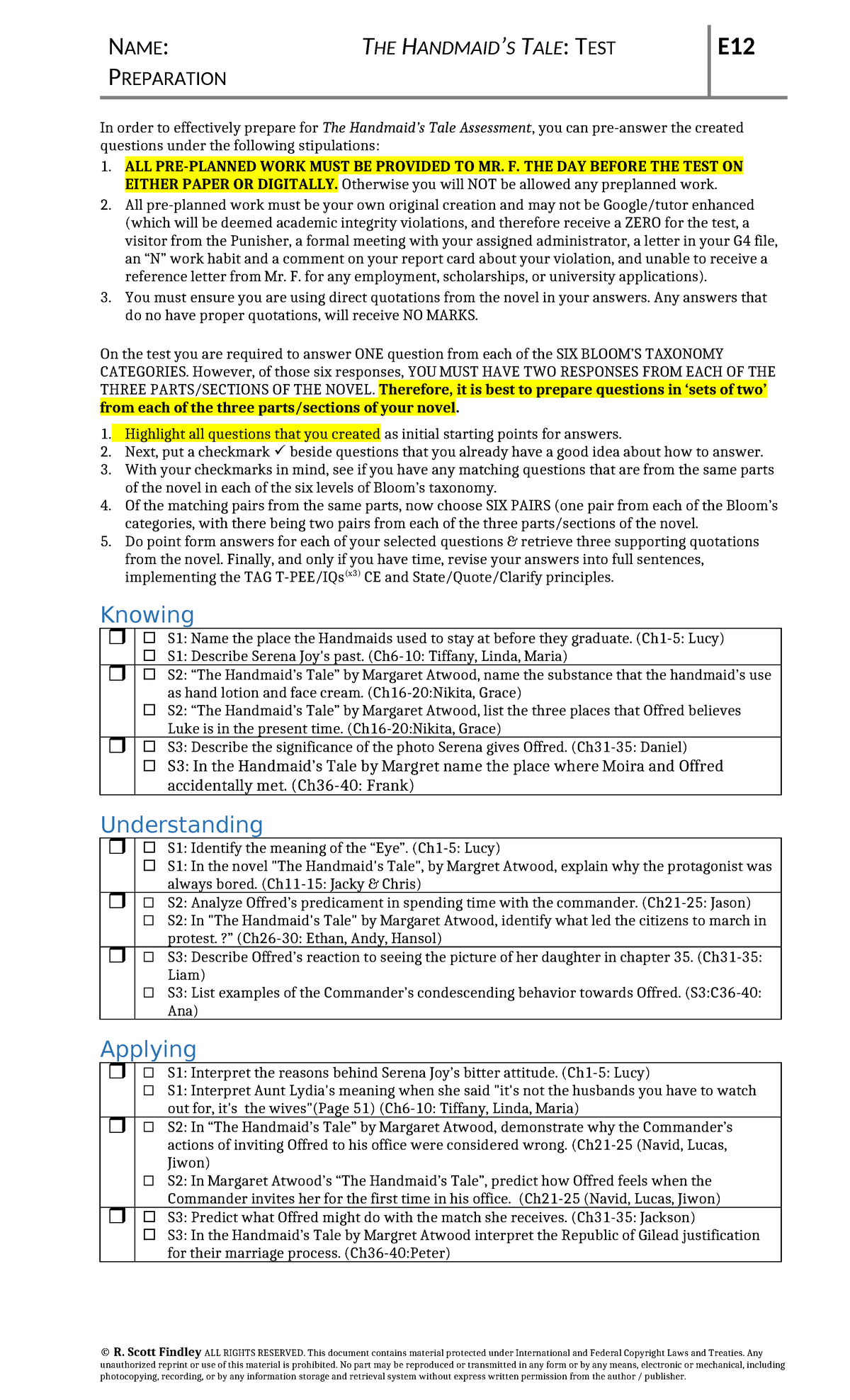 Dystopian Novel Test Prep: Handmaid's Tale Questions - BAND E12 - Studocu