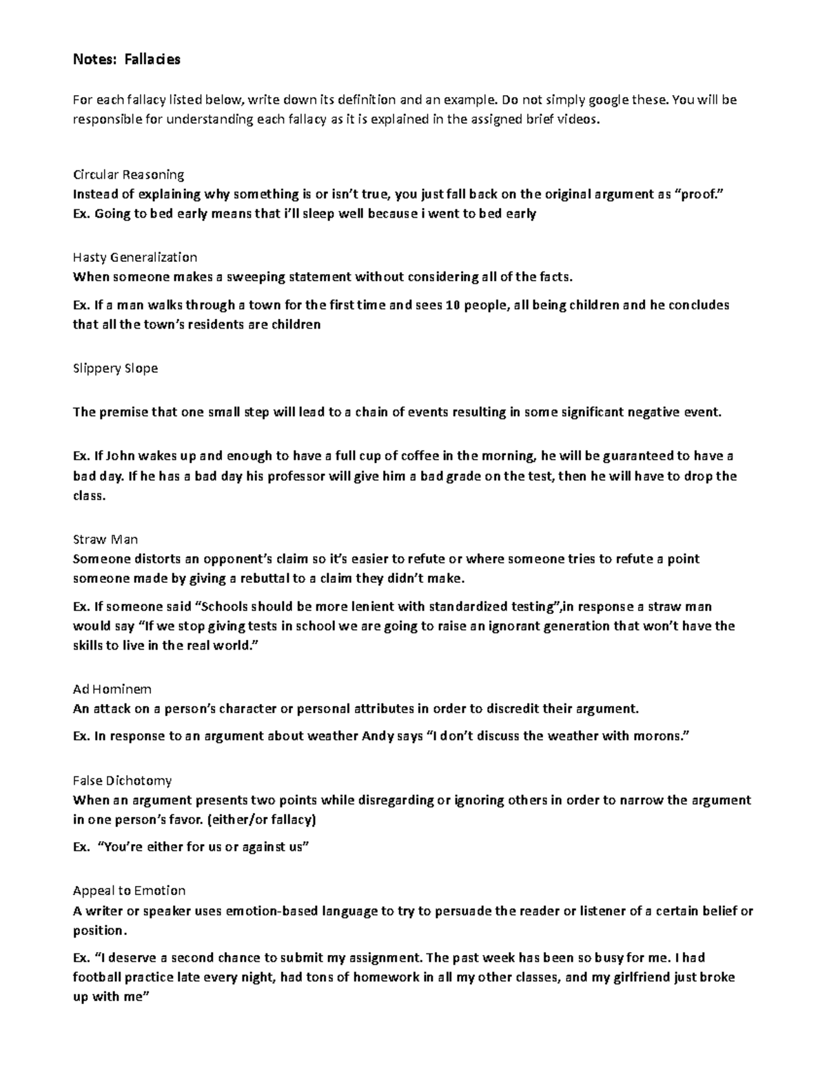 Logical Fallacies Study Notes for Course XYZ 101 - Studocu