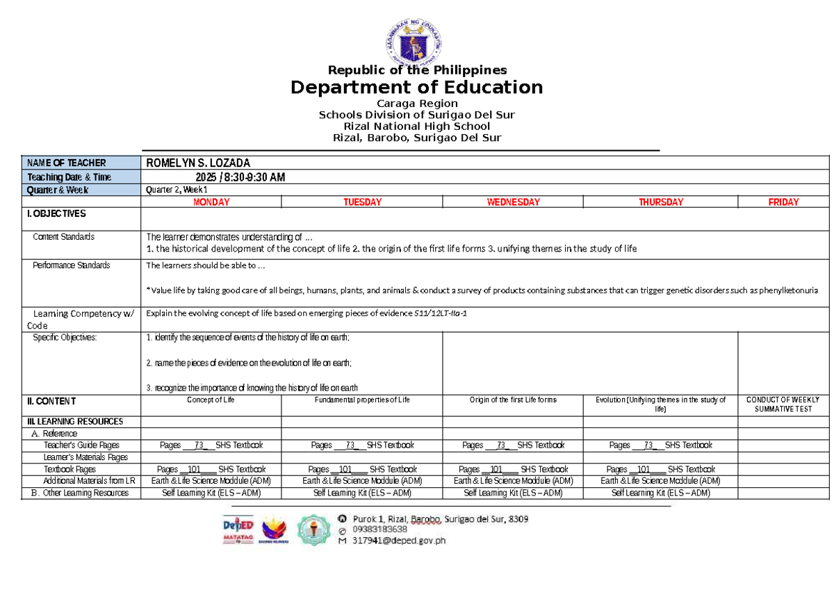 Quarter 2, Week 1 Lesson Plan: Understanding Life's Evolution and ...
