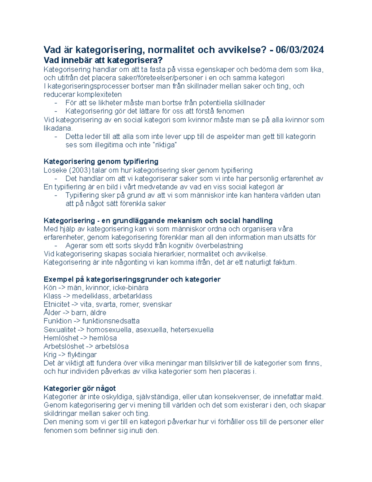 Kategorisering och normalitet: En analys av avvikelse och makt - Studocu