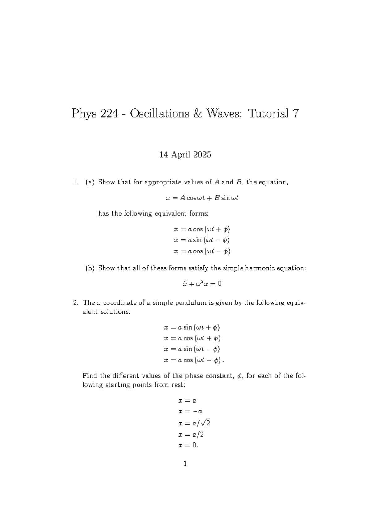 Phys 224 Oscillations & Waves: Tutorial 7 Solutions (14 Apr 2025) - Studocu