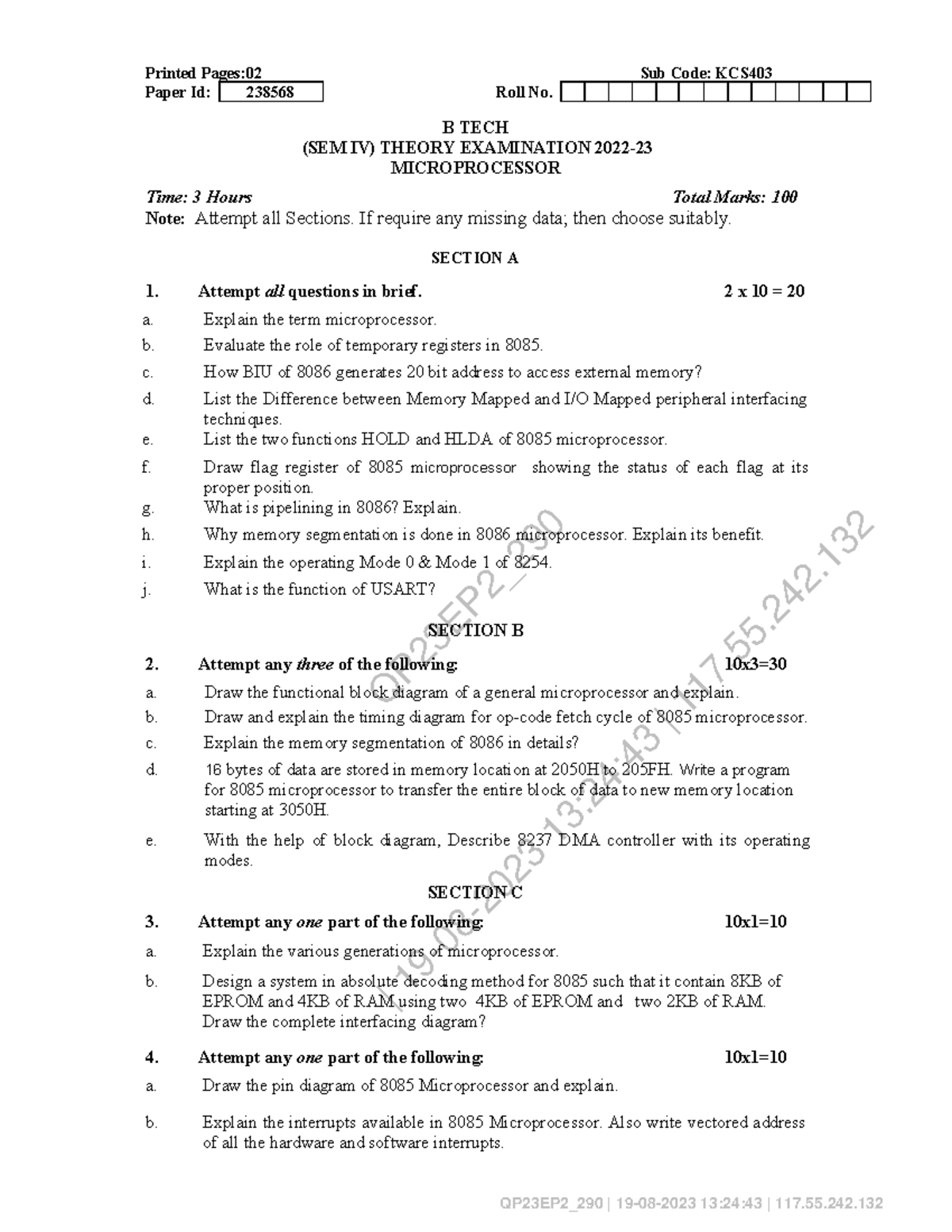 BTech CS 4 Sem Microprocessor KCS 403 Theory Exam Paper 2022 - Studocu
