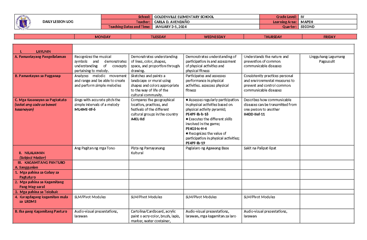 DLL MAPEH 4 Q2 W6 - Daily Lesson Log and Lesson Plan - Studocu