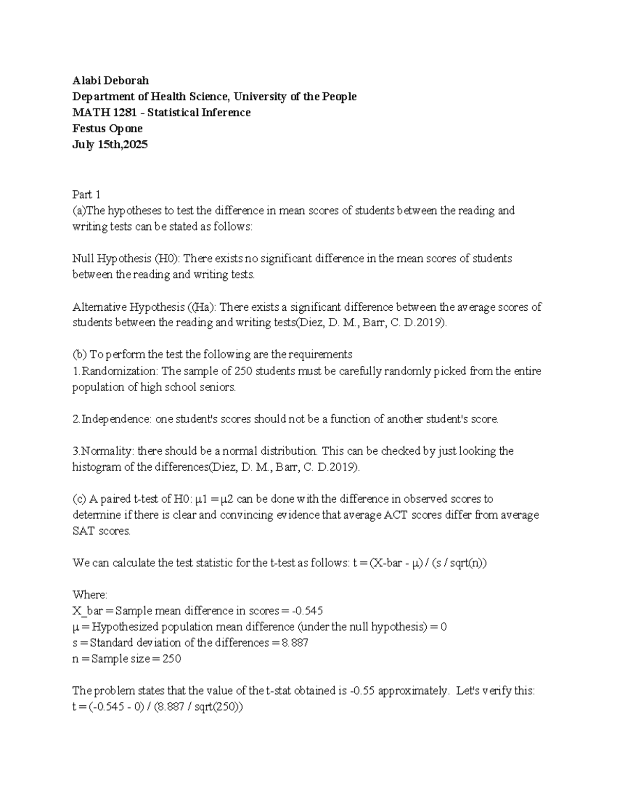 Statistical Inference MATH 1281 Week 4 Assignment Activity - Studocu