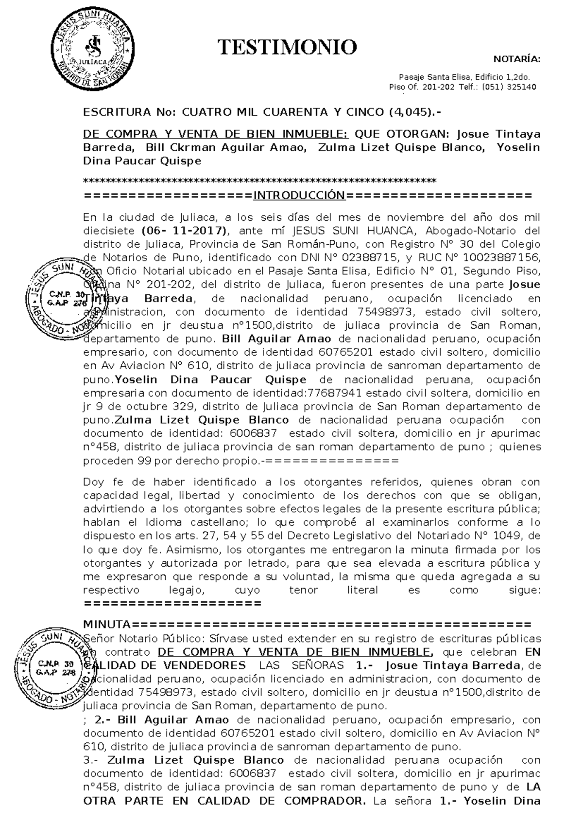 Testimonio Notarial de Compra y Venta - Juliaca 2025 - Studocu