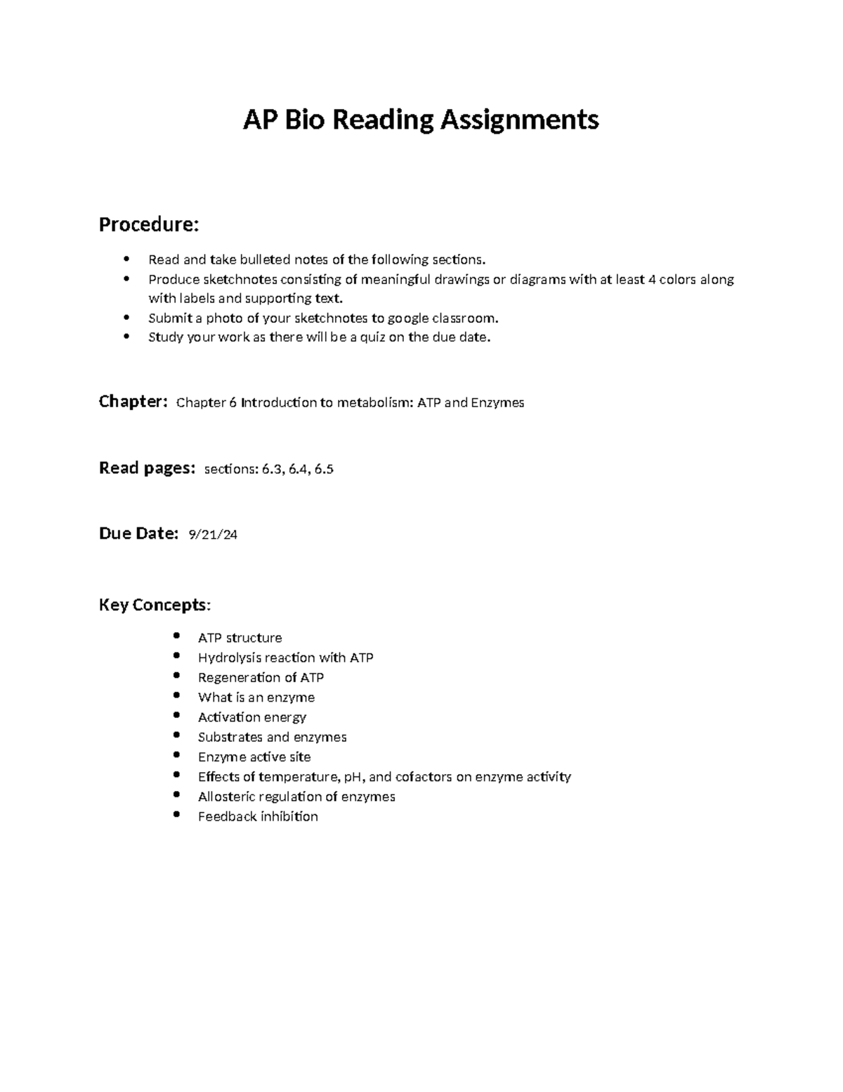 ATP and enzymes - asdasd - AP Bio Reading Assignments Procedure: Read ...