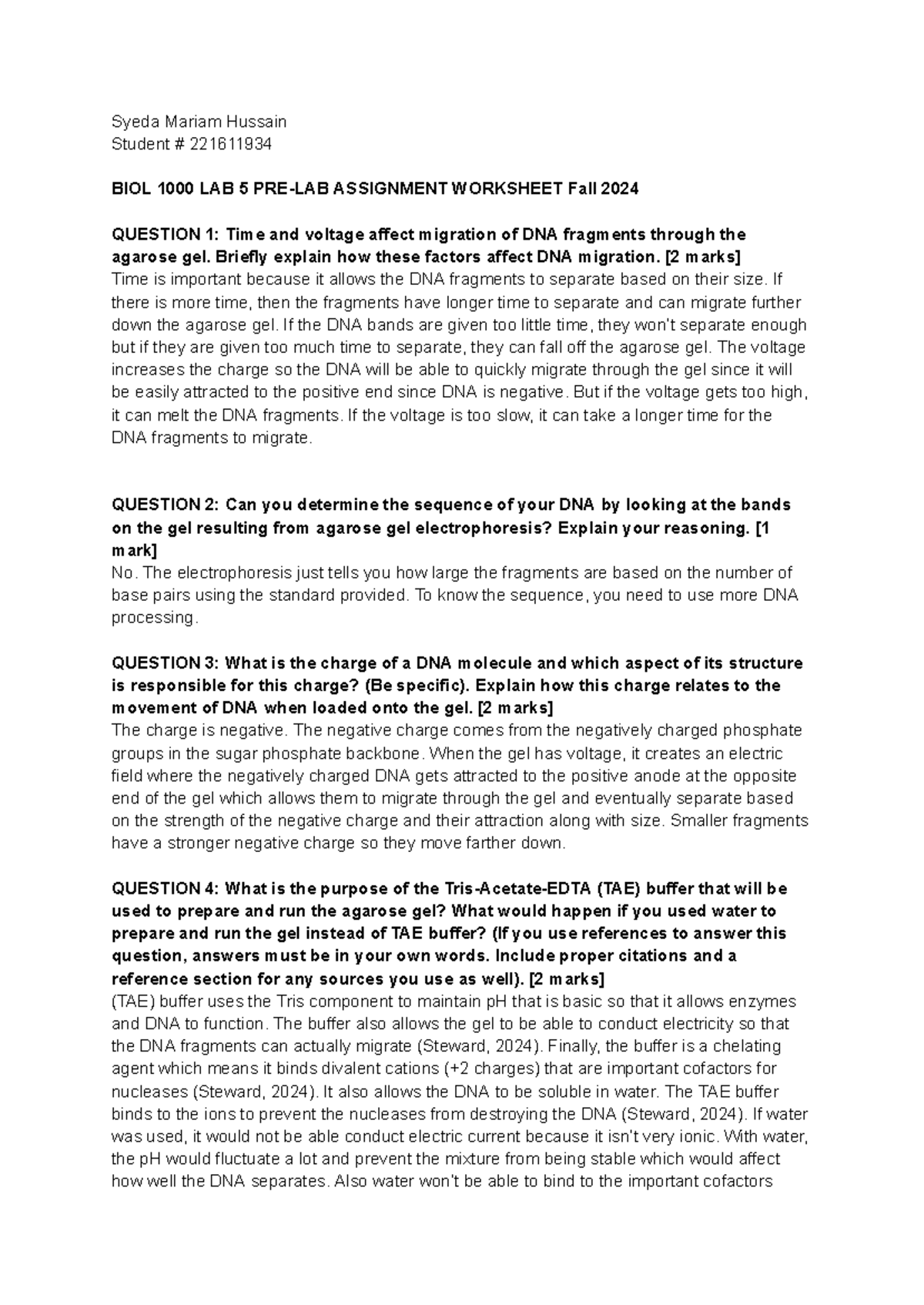Lab 5 Pre-Lab - Syeda Mariam Hussain Student # 221611934 BIOL 1000 LAB ...