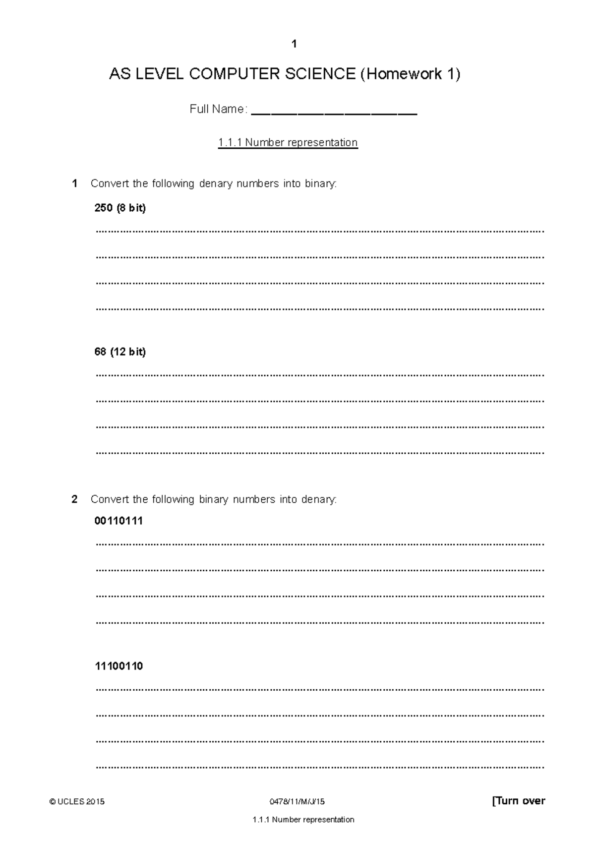 AS Level Computer Science (1 AS) Homework 1: Number Representation ...