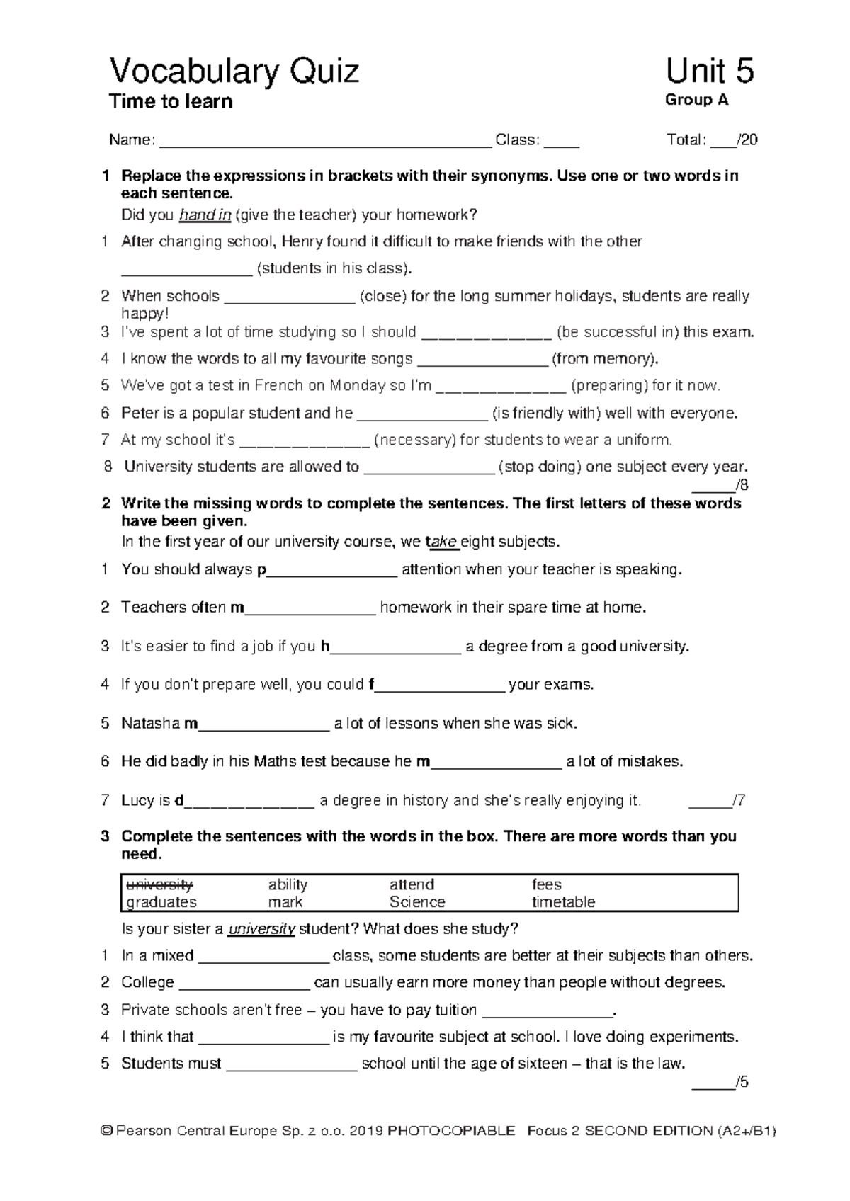 Focus 2 2ed Vocabulary Quiz Unit 5 for Group A Students - Studocu