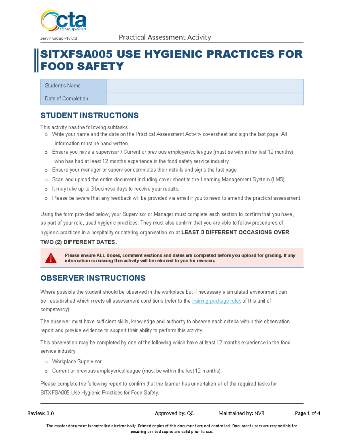 SITXFSA005 Practical Assessment Report for Food Safety Compliance - Studocu