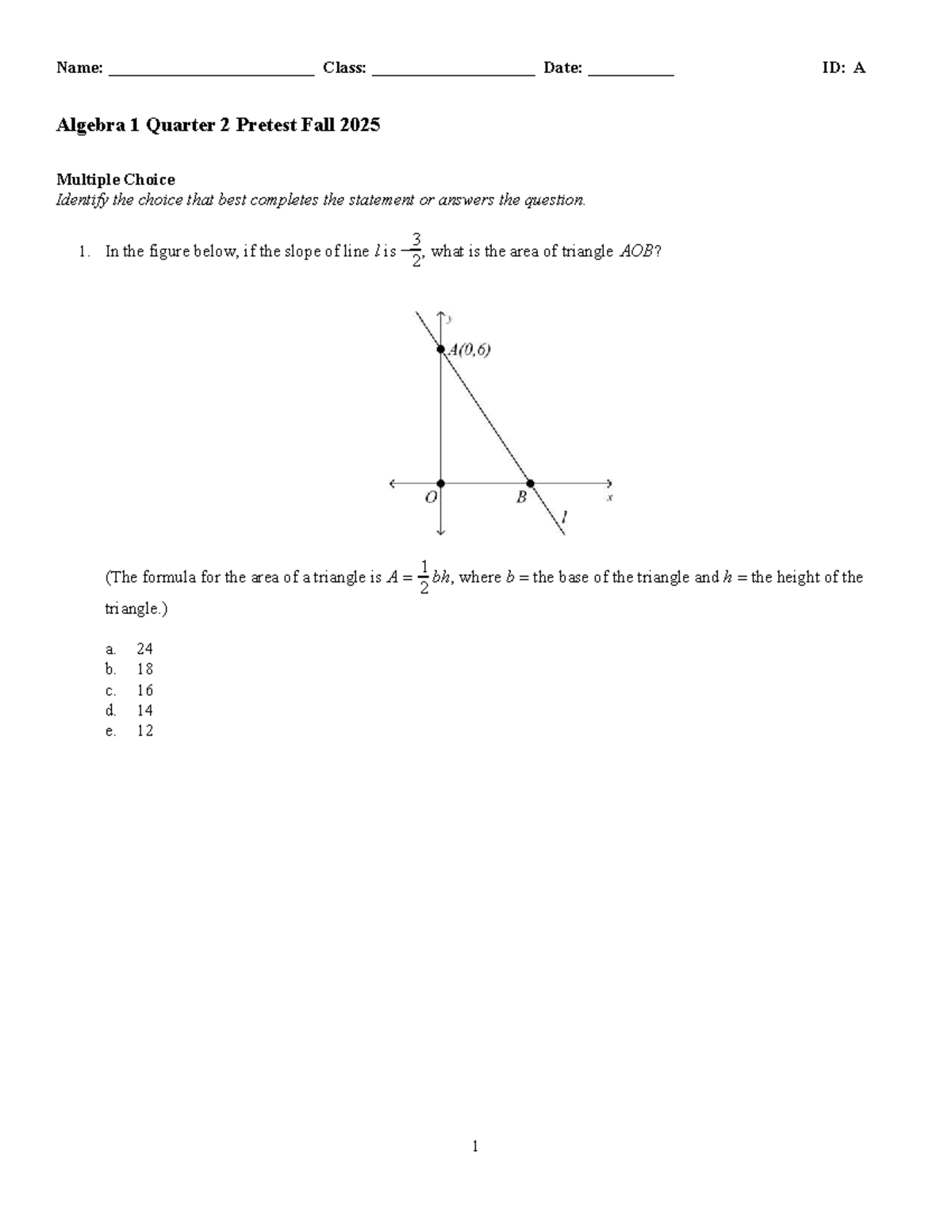 Q2 Algebra 1 Pretest Fall 2025 - Multiple Choice Questions - Studocu