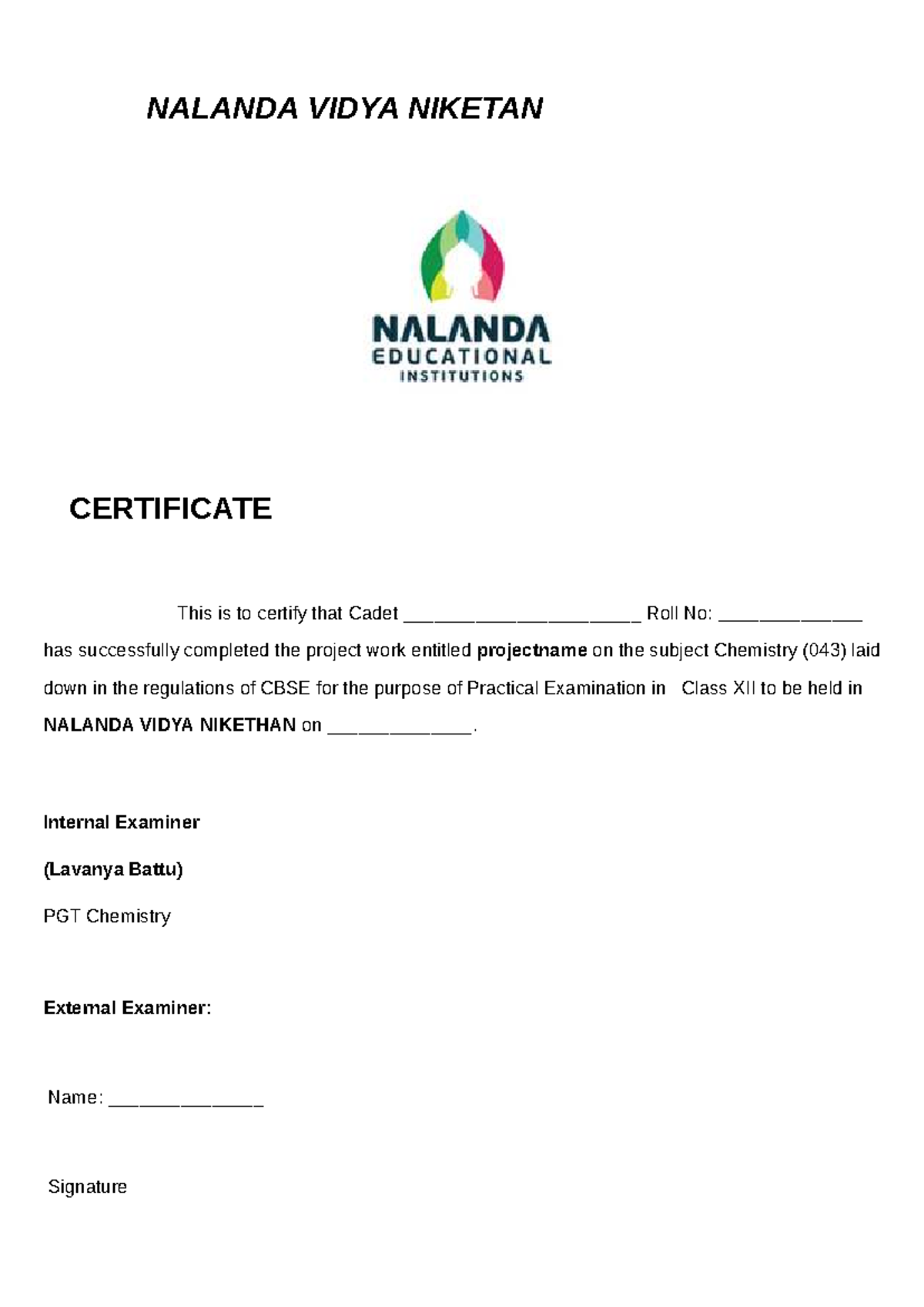 Chemistry Project Certificate - Class XII (043) Completion - Studocu