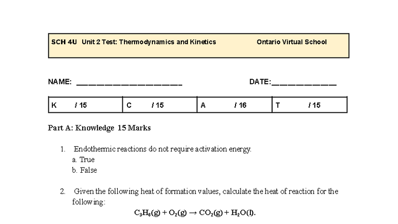 SCH4U Unit 2 Test: Thermodynamics & Reaction Kinetics Quiz - Studocu