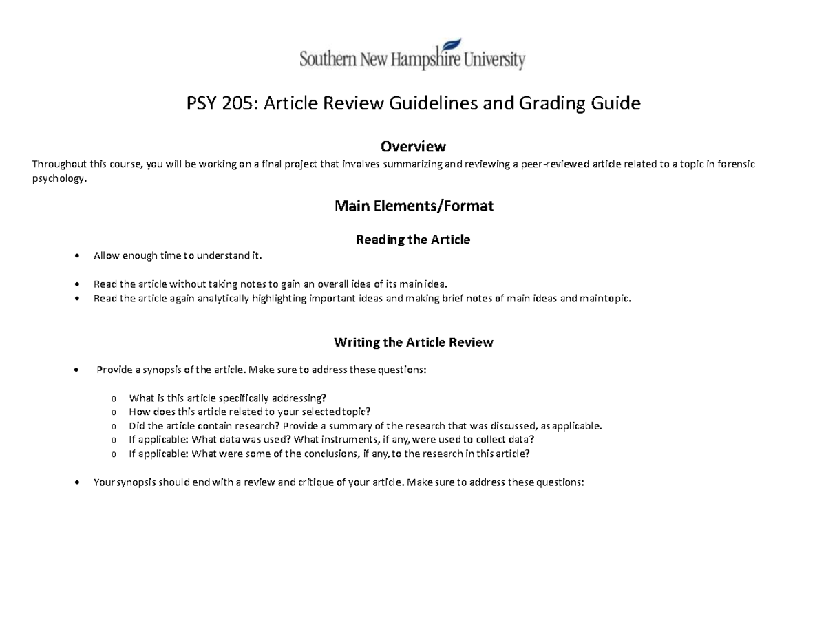 PSY 205 Final Article Review Guidelines and Grading Rubric - Studocu
