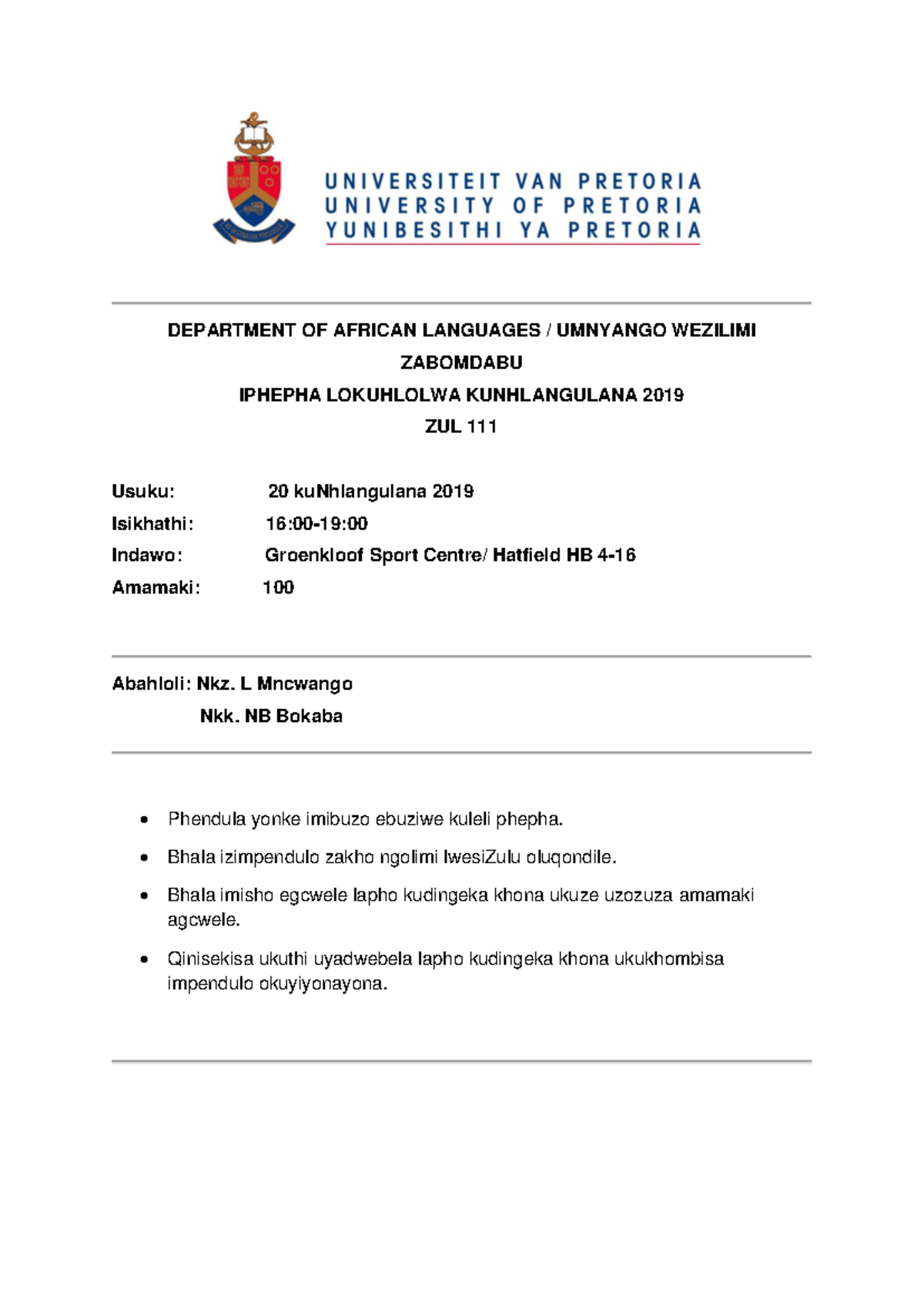 ZUL111 Jun2019 - Previous Question Paper with Answer Guidelines - Studocu