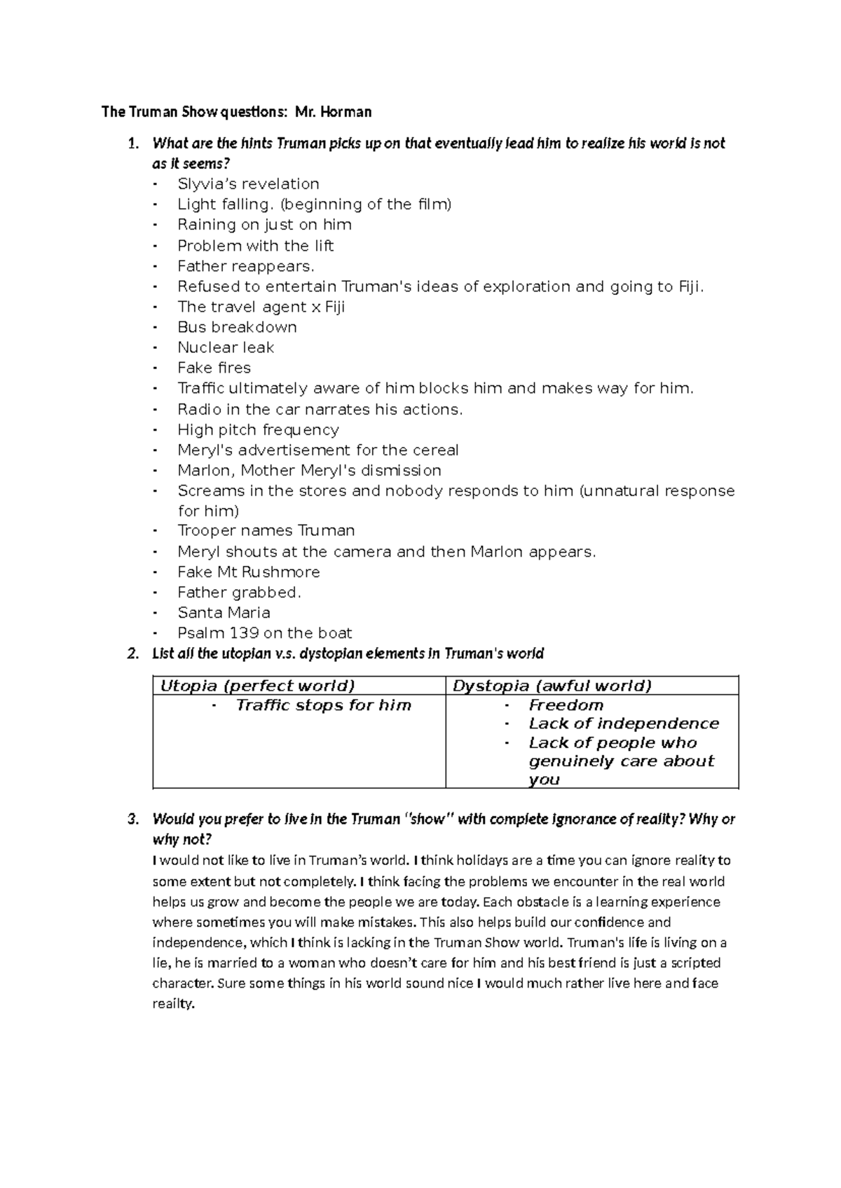 The Truman Show Analysis Questions - ENG103 - Studocu