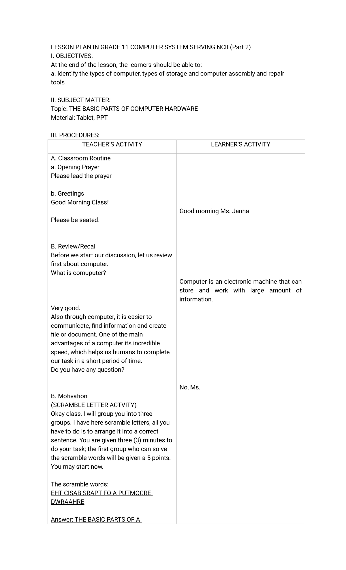 Lesson Plan G11 CSS NCII: Basic Computer Hardware & Tools - Studocu