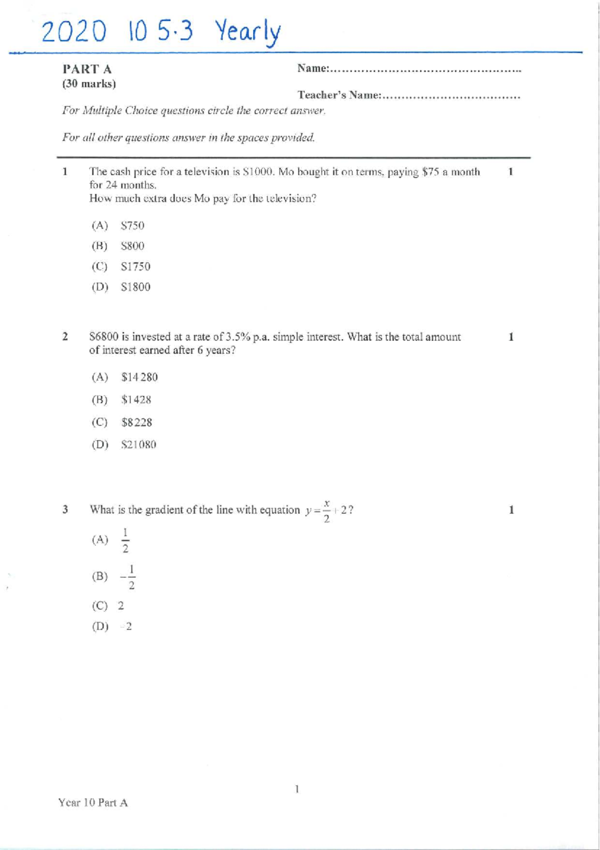 Year 10 Math Exam Part A & B (2020, Revised 2023) - Studocu