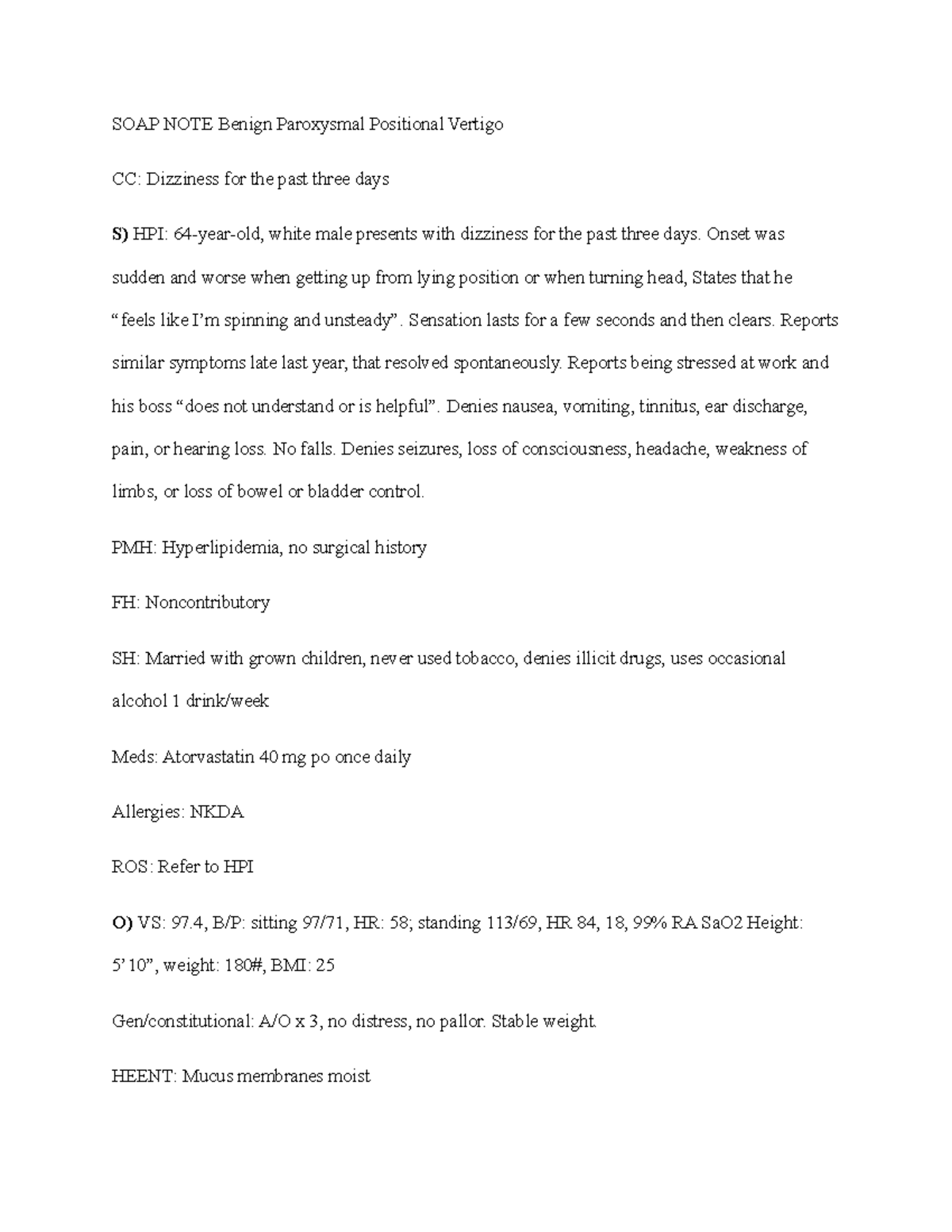 SOAP Note for Benign Paroxysmal Positional Vertigo (BPPV) Evaluation ...