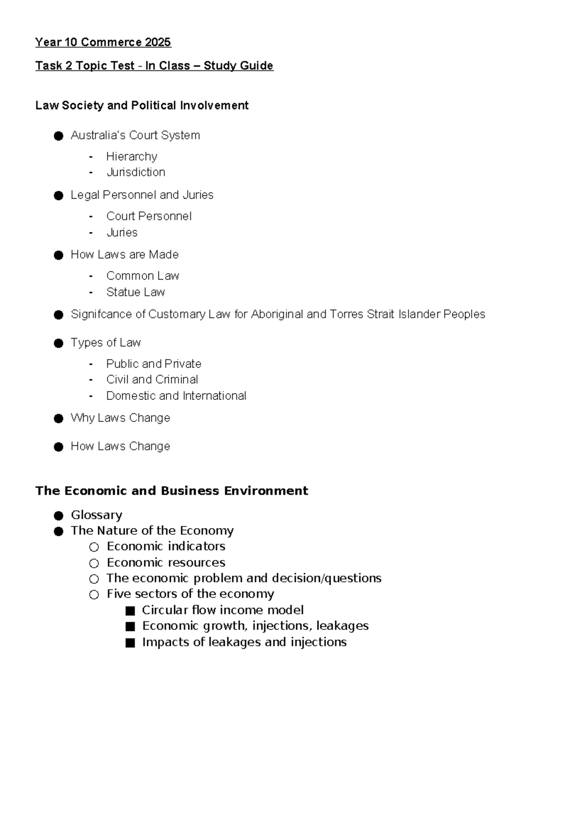 Year 10 Commerce 2025 Task 2 - In-Class Study Guide - Studocu
