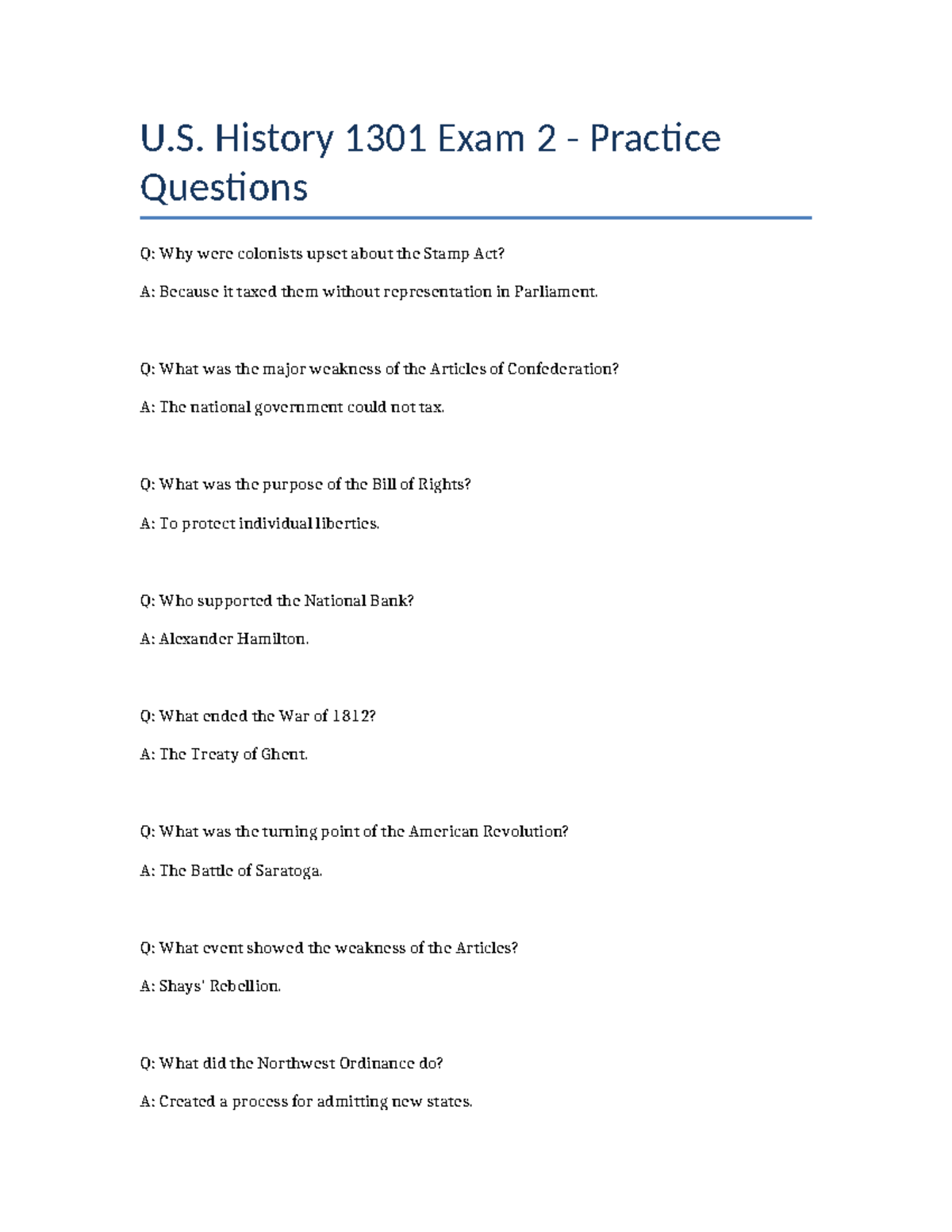 U.S. History 1301 Exam 2 Practice Questions and Answers - Studocu