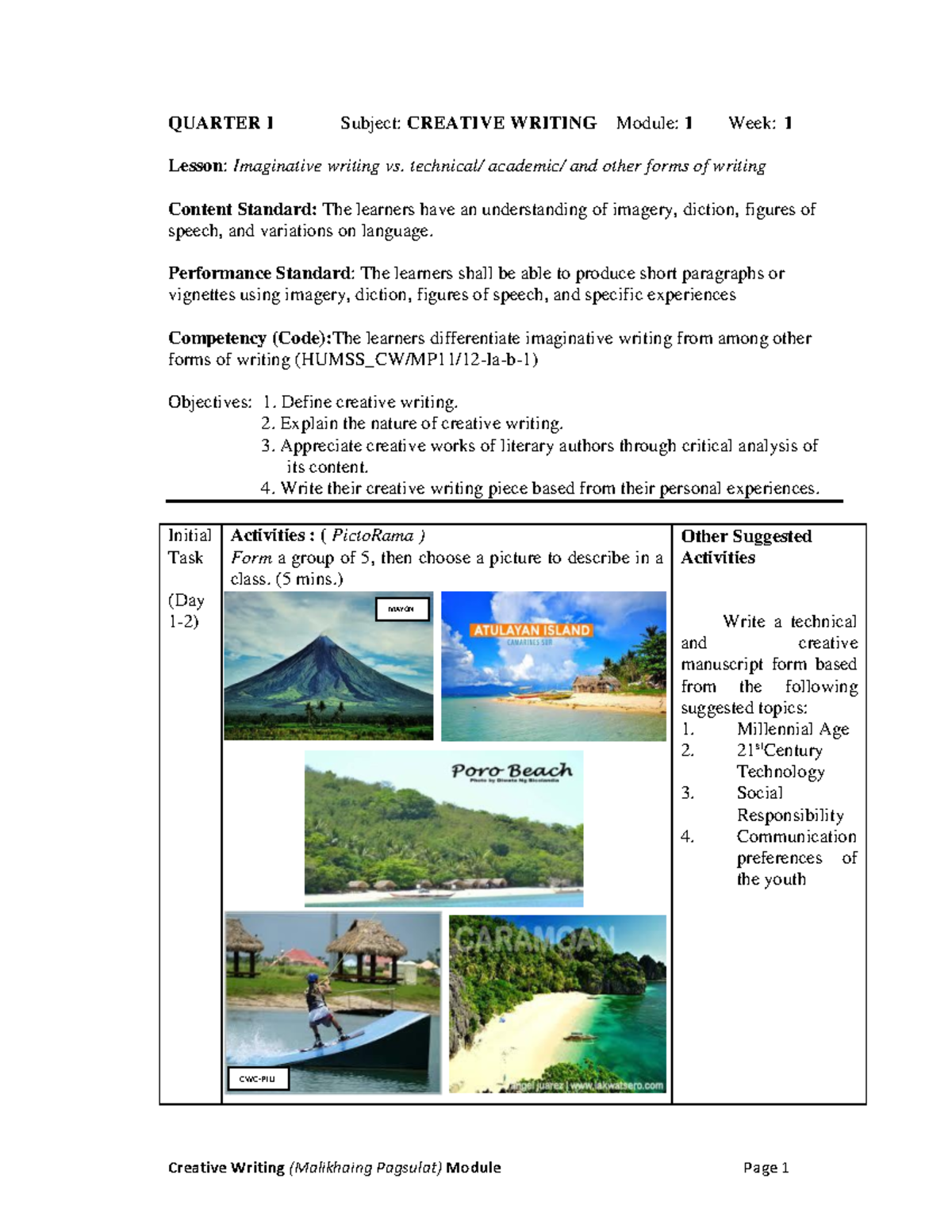 Creative Writing Module 1: Imagery and Language Variations (HUMSS_CW ...