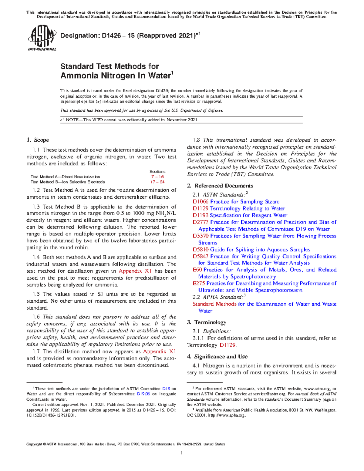 Standard Test Methods for Ammonia Nitrogen in Water (D1426-15) - Studocu
