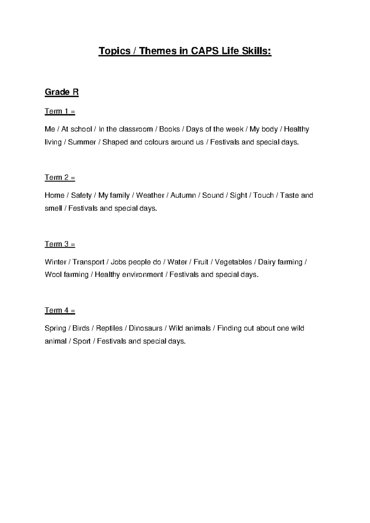 CAPS Life Skills Topics for Grade R, 1 & 3 - CAPS - Studocu