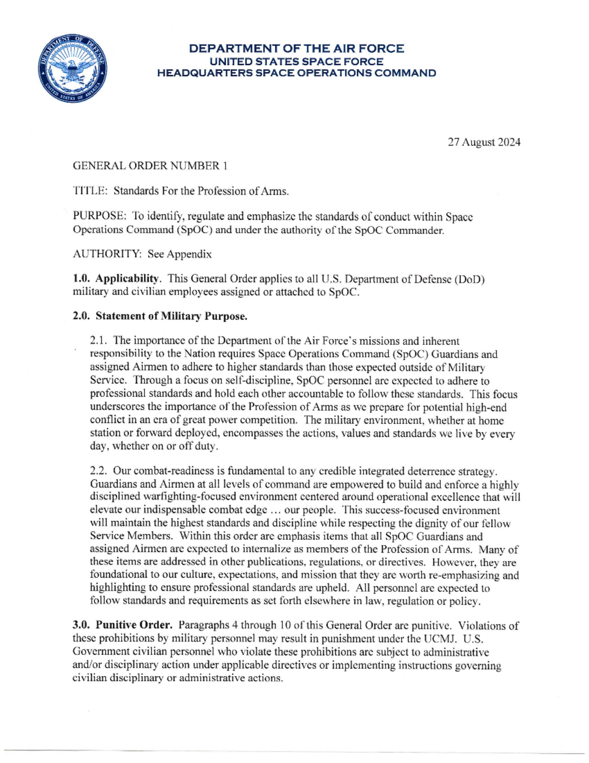 SpOC General Order 1: Standards for the Profession of Arms - Studocu