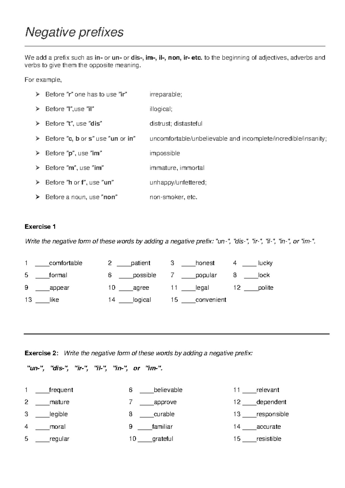 Negative prefixes with answers - Negative prefixes - Studocu