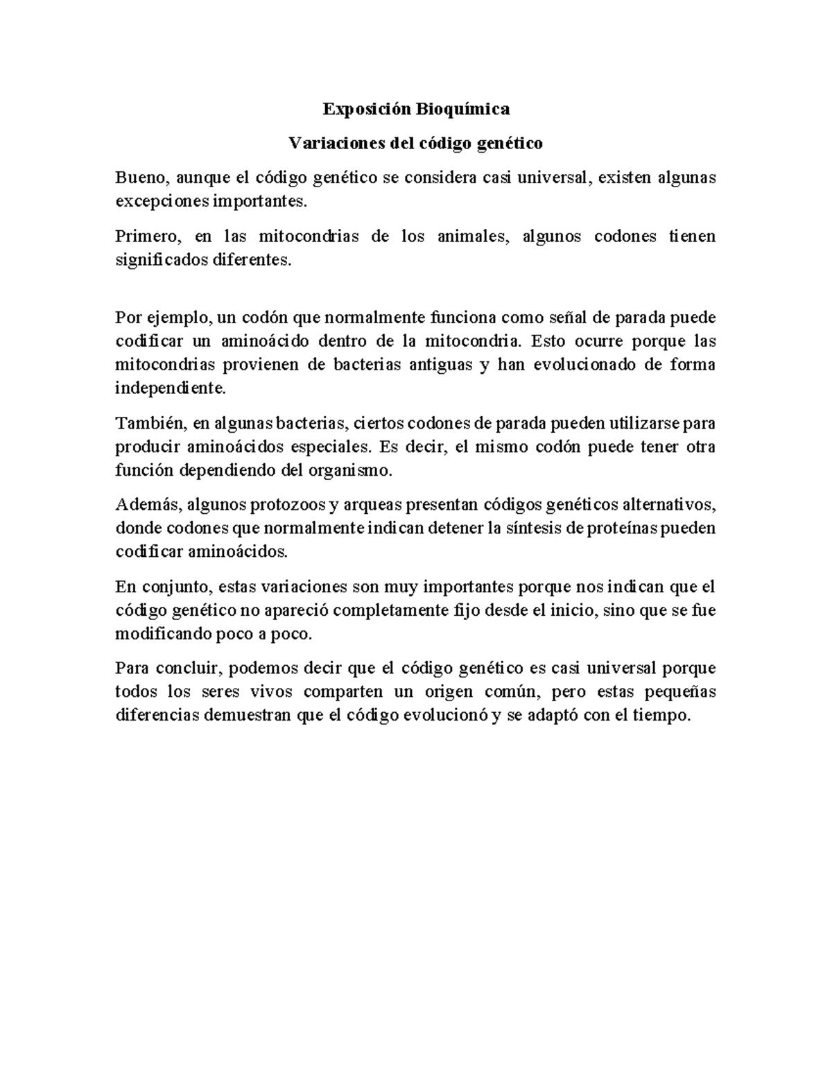 Exposición Bioquímica: Variaciones del Código Genético - Studocu