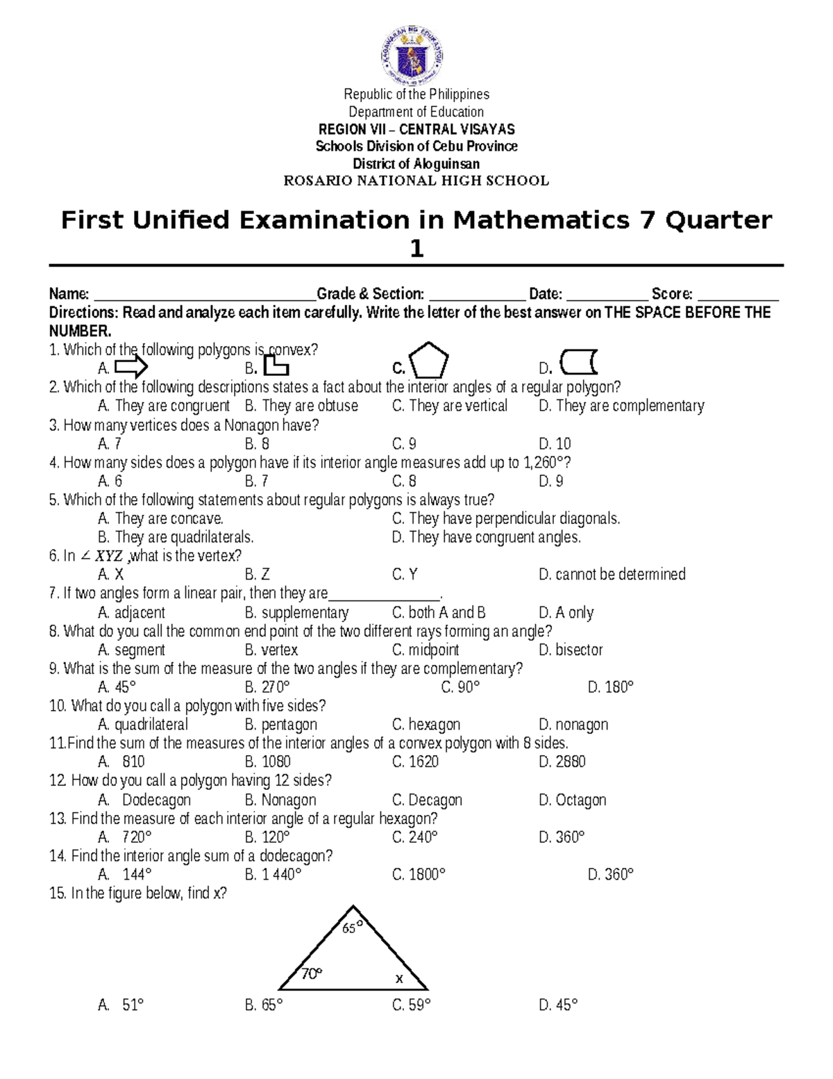Math 7 (Q1 Unified Test) - First Unified Examination in Mathematics ...