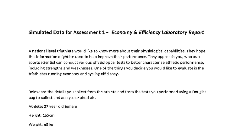 Assessment 1: Simulated Data for Triathlete Economy Lab Report - Studocu