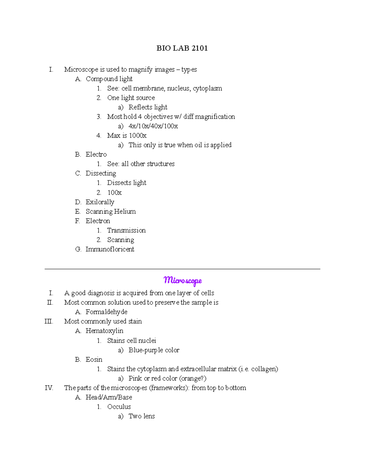 BIO 2101 Lab Notes: Microscopy & Cellular Structures Overview - Studocu